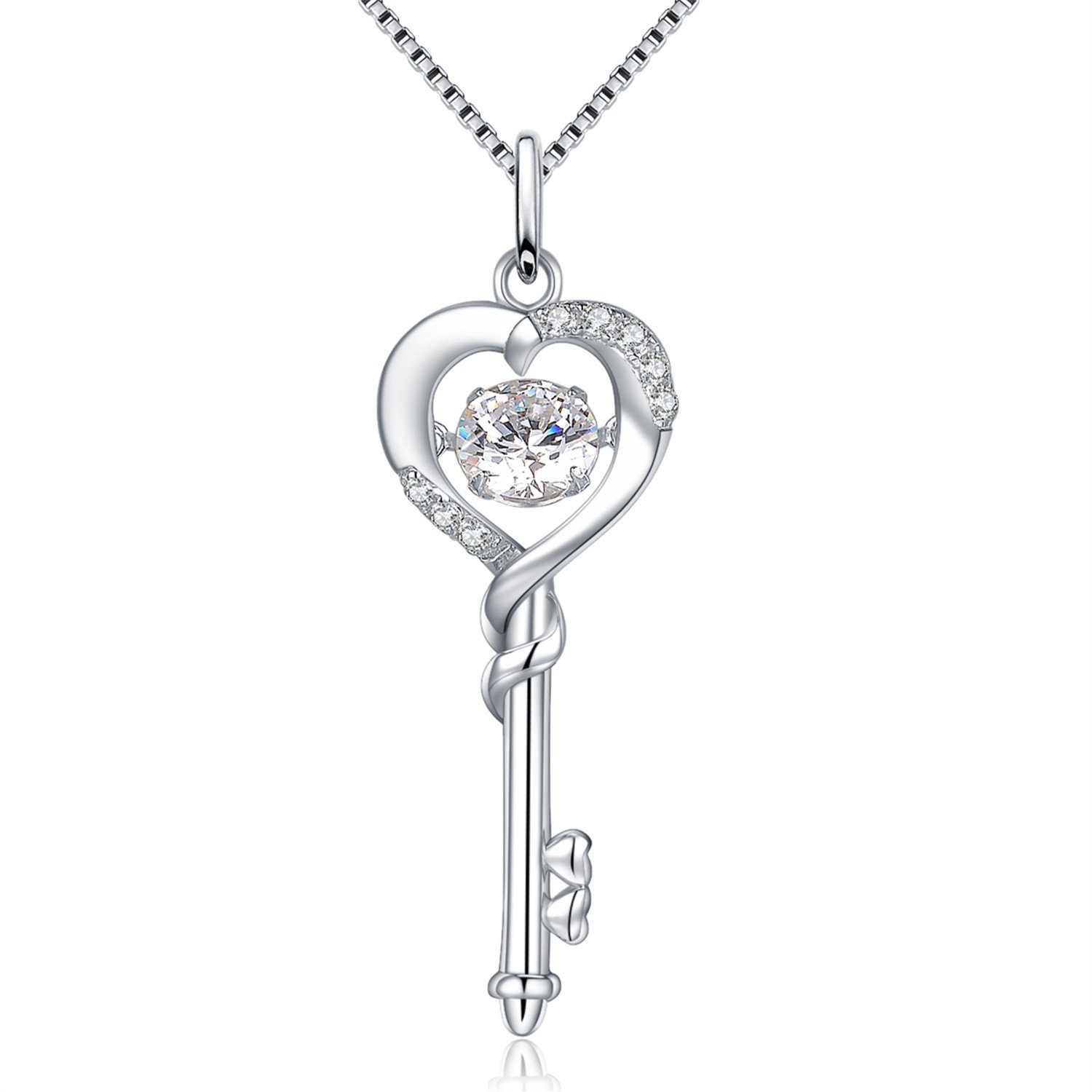 MABELLA Dancing CZ Key to Heart 18K White Gold Plated Sterling Silver Pendant Necklace, Women Jewelry Gifts