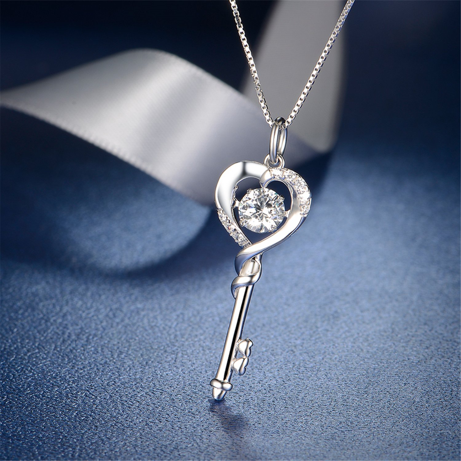 MABELLA Dancing CZ Key to Heart 18K White Gold Plated Sterling Silver Pendant Necklace, Women Jewelry Gifts