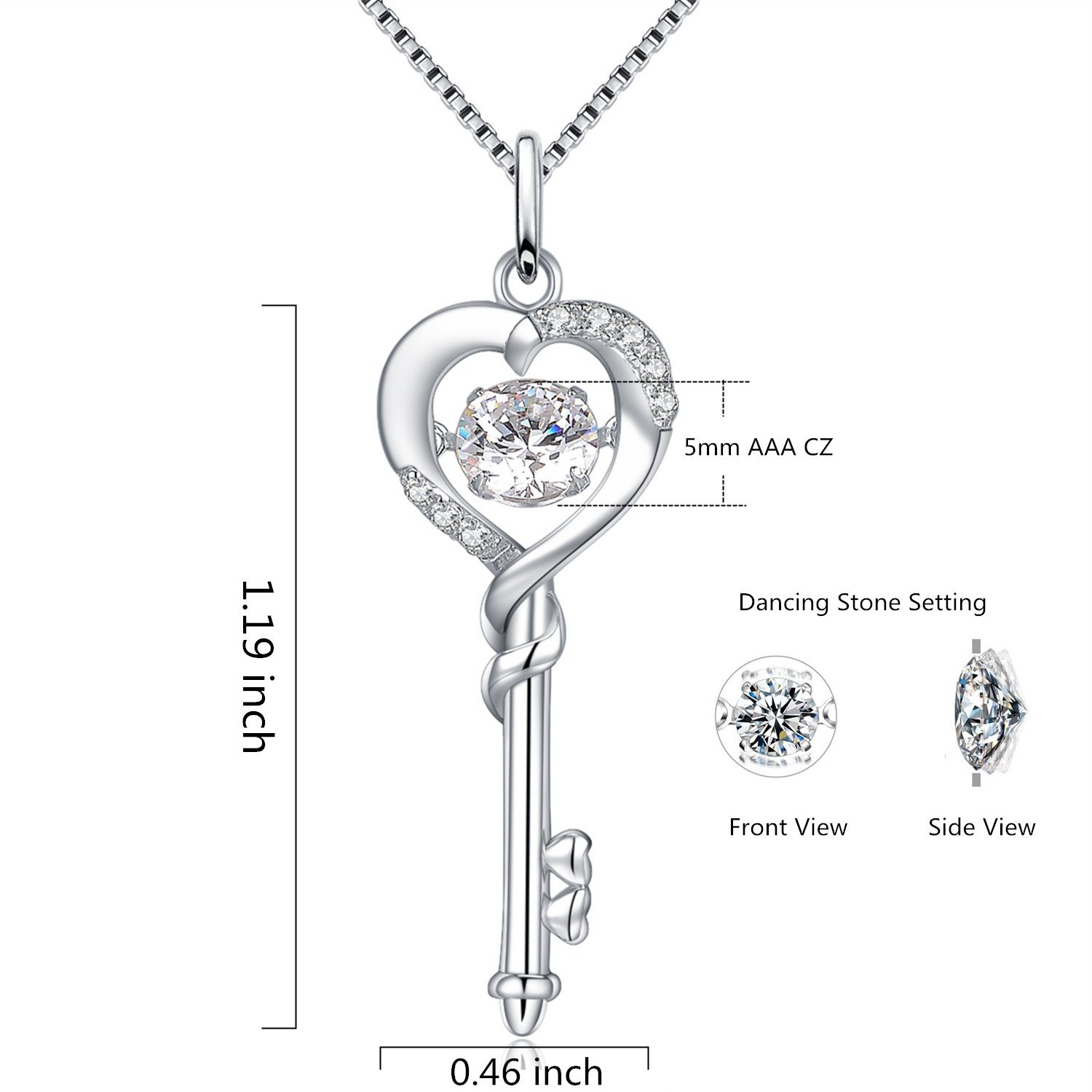 MABELLA Dancing CZ Key to Heart 18K White Gold Plated Sterling Silver Pendant Necklace, Women Jewelry Gifts