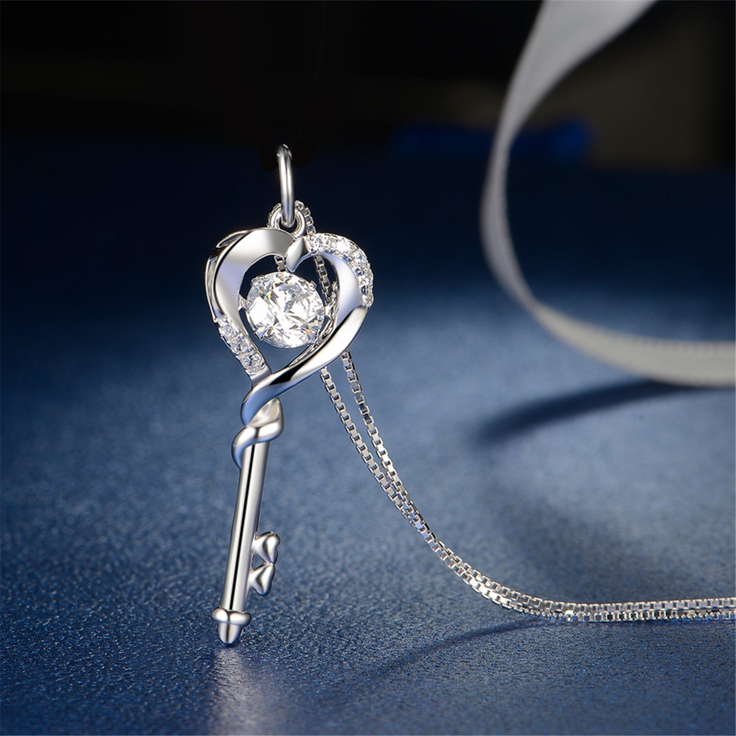 MABELLA Dancing CZ Key to Heart 18K White Gold Plated Sterling Silver Pendant Necklace, Women Jewelry Gifts