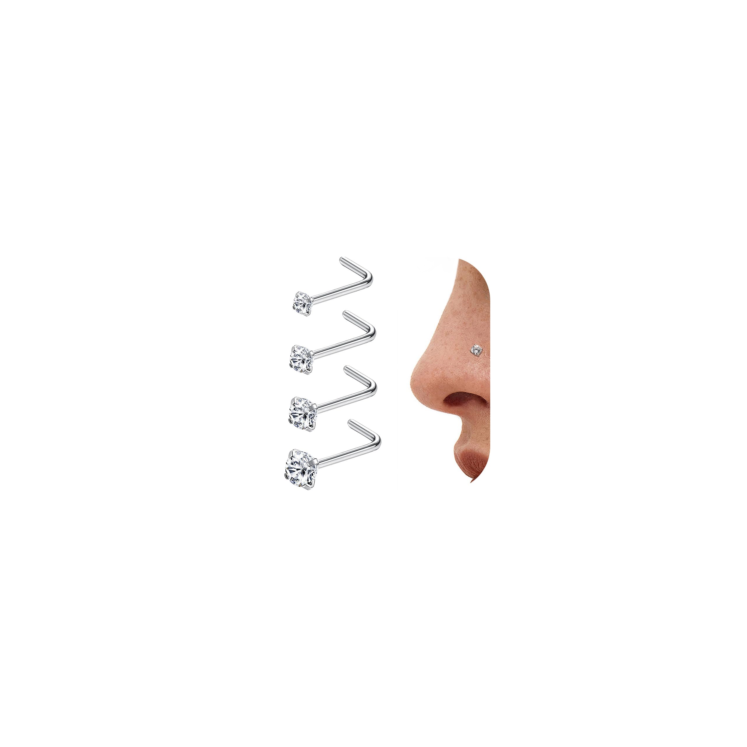 Jstyle 20G 4 Pcs Stainless Steel Nose Rings Studs L-Shape Piercing Body Jewelry 1.5mm 2mm 2.5mm 3mm S