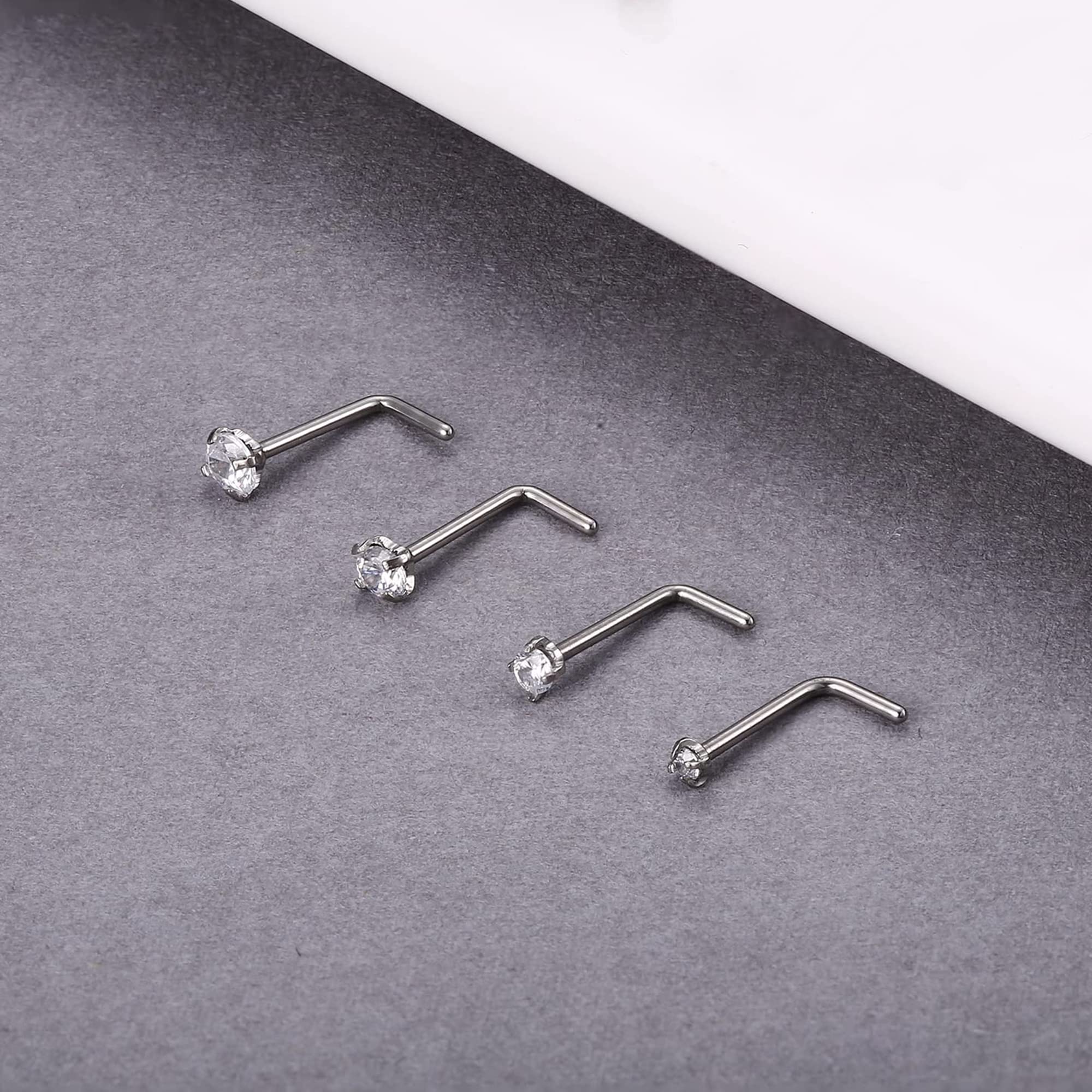 Jstyle 20G 4 Pcs Stainless Steel Nose Rings Studs L-Shape Piercing Body Jewelry 1.5mm 2mm 2.5mm 3mm S