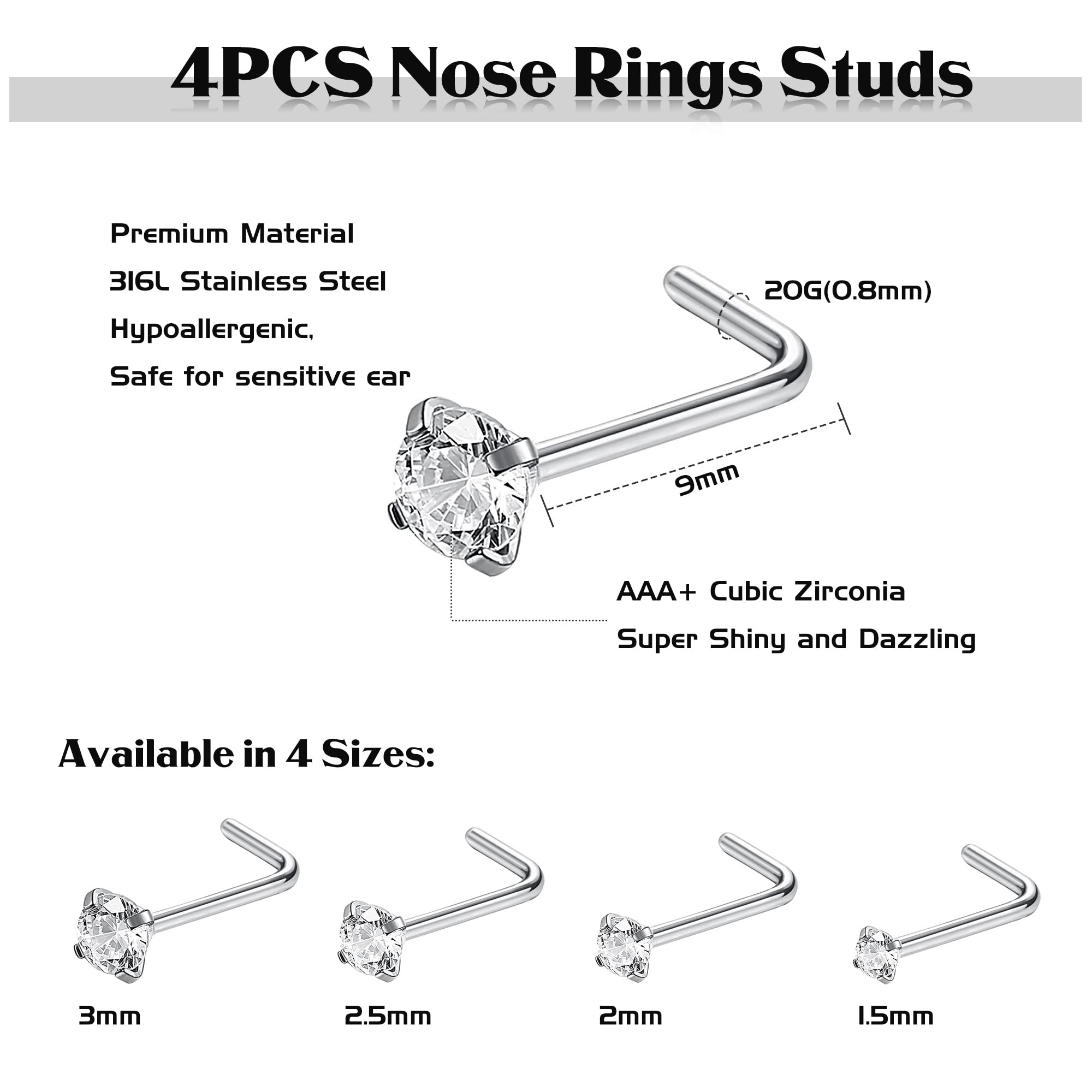 Jstyle 20G 4 Pcs Stainless Steel Nose Rings Studs L-Shape Piercing Body Jewelry 1.5mm 2mm 2.5mm 3mm S