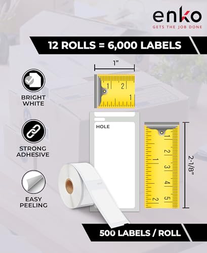 enKo Compatible for Dymo 30336 Labels (1 x 2-1/8 inches) - 12 Rolls, 6000 Labels for Dymo LabelWriter 450 Turbo Printer and 4XL - Direct Thermal Address, Shipping and Barcode Labels