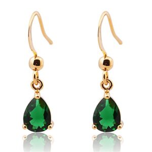 dangle drop pierced earrings with pear cut cz simulated green emerald in 18k yellow gold plated, simple modern elegant