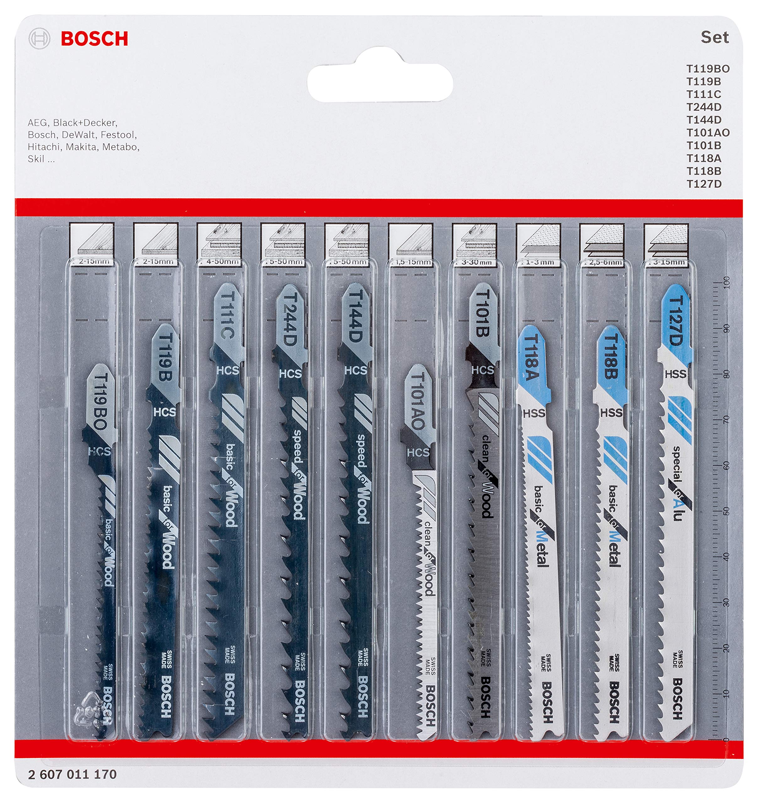 Bosch Professional Accessories 2607011170 Bosch Professional 10 Piece Set Jigsaw blades set (for wood and metal, accessories for jigsaw with T-shaft holder)