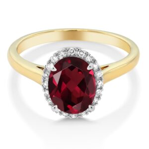 Gem Stone King 10K 2-Tone Gold 9X7MM Oval Red Rhodolite Garnet & Diamond Halo Engagement Ring | 2.00 Cttw | Gemstone Birthstone | Wedding Anniversary Promise Ring For Women (Size 6)