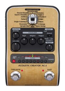 zoom ac-2 acoustic creator, acoustic di with tone restoration, tuner, reverb, eq, and anti-feedback