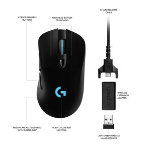 Logitech G703 Lightspeed Gaming Mouse with POWERPLAY Wireless Charging Compatibility, Black