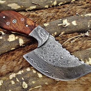 6.7"5 long compact Hand Forged Damascus Steel wide blade skinning Knife with 3.5" cutting, Natural Walnut scale with Damascus Bolster, Cow Hide leather sheath (wood)