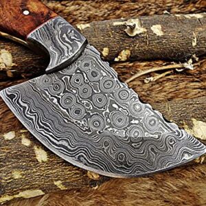 6.7"5 long compact Hand Forged Damascus Steel wide blade skinning Knife with 3.5" cutting, Natural Walnut scale with Damascus Bolster, Cow Hide leather sheath (wood)