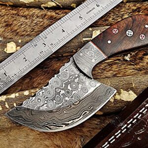 6.7"5 long compact Hand Forged Damascus Steel wide blade skinning Knife with 3.5" cutting, Natural Walnut scale with Damascus Bolster, Cow Hide leather sheath (wood)