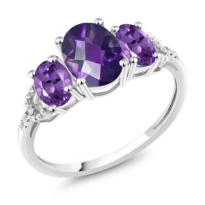 gem stone king 10k white gold oval checkerboard purple amethyst and diamond accent 3-stone women engagement ring (1.75 cttw, gemstone birthstone) (size 7)