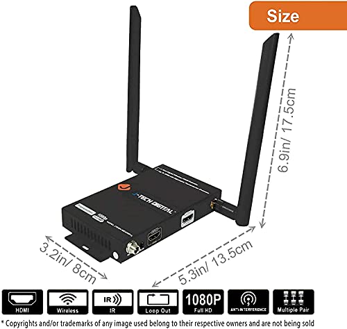 J-Tech Digital 1X2 Wireless HDMI Extender 200’ Dual Antenna Supporting Full HD 1080p with HDMI Loop Output Operation Channel Change IR Passthrough (Receiver + Transmitter 1080P 200ft)