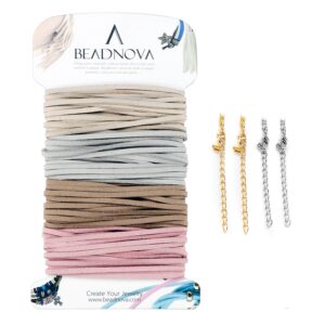 beadnova leather cord for jewelry making leather strips for crafts leather string suede cord faux lace thread for bracelets (4 colors, 3.3 yard, 3mm)