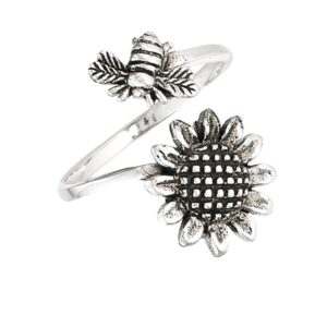 open adjustable bee sunflower flower thumb ring sterling silver band size 9