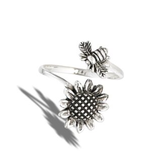 Open Adjustable Bee Sunflower Flower Thumb Ring Sterling Silver Band Size 9