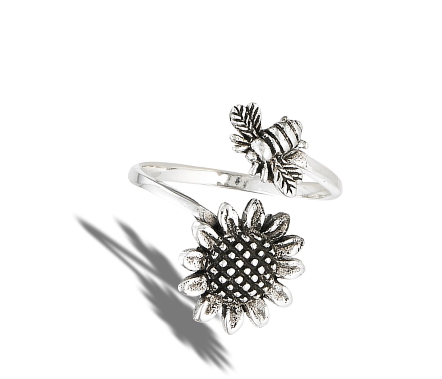 Open Adjustable Bee Sunflower Flower Thumb Ring Sterling Silver Band Size 9