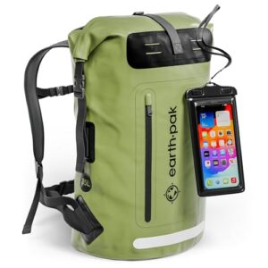 earth pak waterproof backpack - heavy duty hiking backpack - roll-top closure - waterproof bag - cushioned dry bags waterproof w/ ipx8 waterproof phone case - wet bag for hiking, kayak (green 35l)