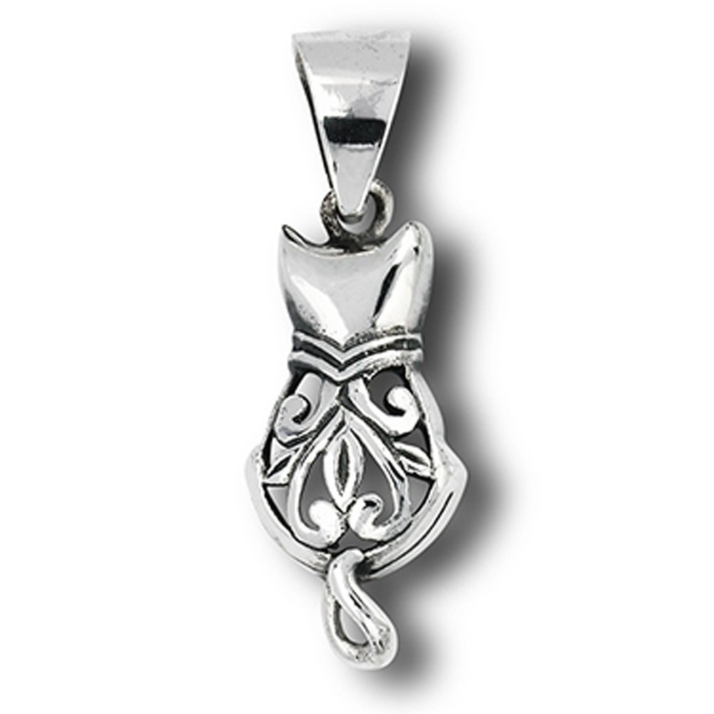 Filigree Cat Pendant .925 Sterling Silver Pet Feline Scroll Animal Heart Charm