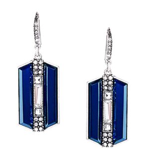 extra large silver tone art deco antique vintage style statement blue sapphire rhinestone geometric dangle earrings