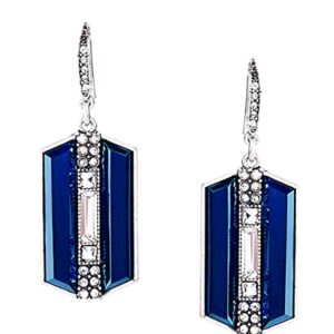 Extra Large Silver Tone Art Deco Antique Vintage Style Statement Blue Sapphire Rhinestone Geometric Dangle Earrings