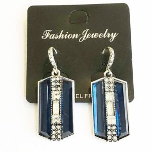 Extra Large Silver Tone Art Deco Antique Vintage Style Statement Blue Sapphire Rhinestone Geometric Dangle Earrings