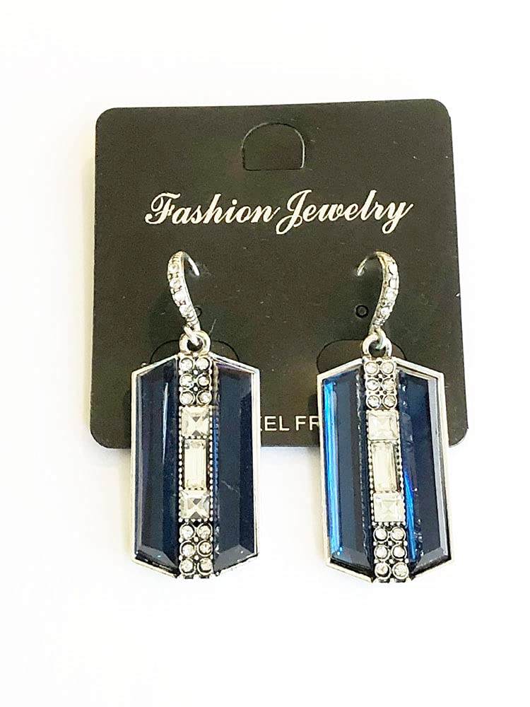 Extra Large Silver Tone Art Deco Antique Vintage Style Statement Blue Sapphire Rhinestone Geometric Dangle Earrings