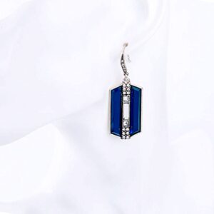 Extra Large Silver Tone Art Deco Antique Vintage Style Statement Blue Sapphire Rhinestone Geometric Dangle Earrings