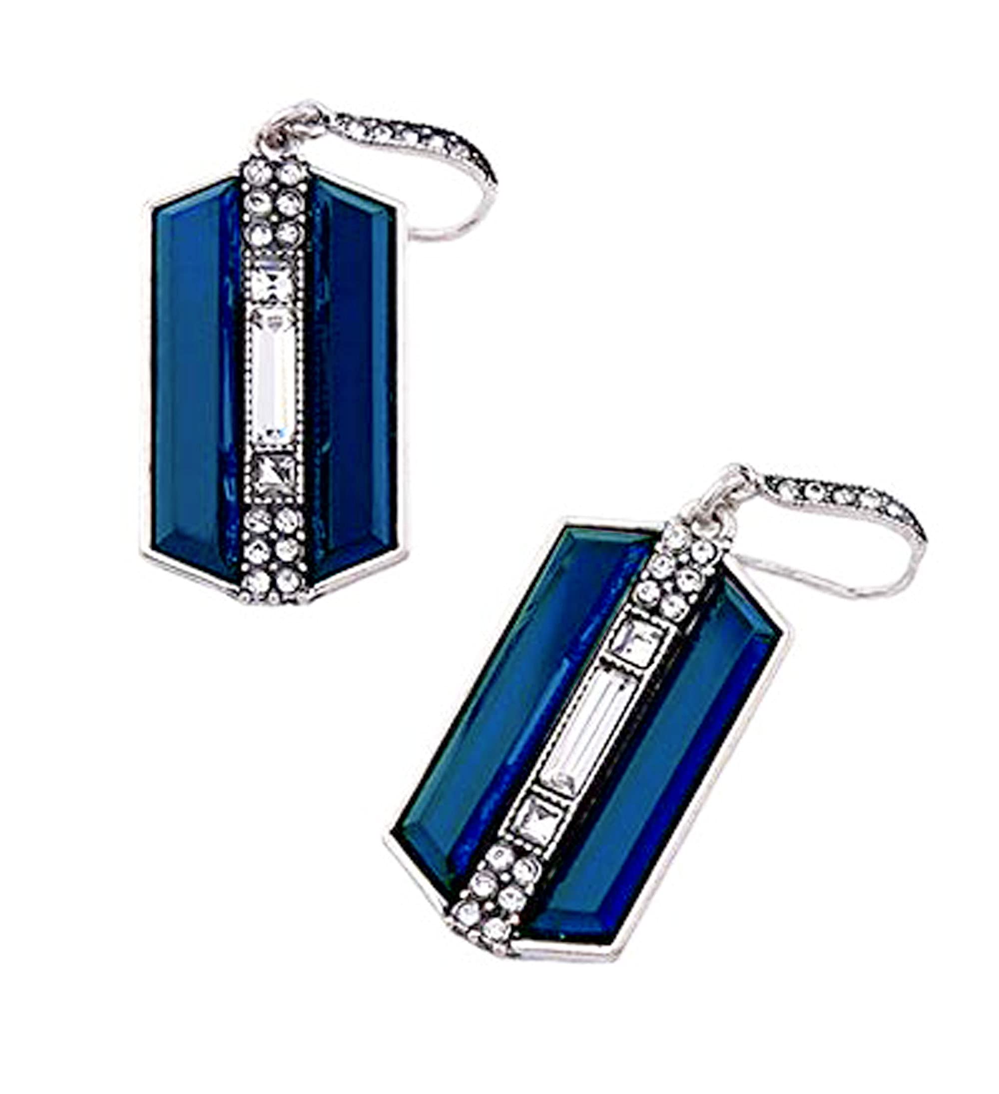 Extra Large Silver Tone Art Deco Antique Vintage Style Statement Blue Sapphire Rhinestone Geometric Dangle Earrings