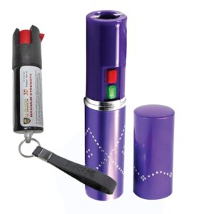 lipstick stun gun keychain self defense kit for women. personal protection non lethal stun gun flashlight combo with police grade oc, cs & uv dye tear gas. stun gun color (purple)