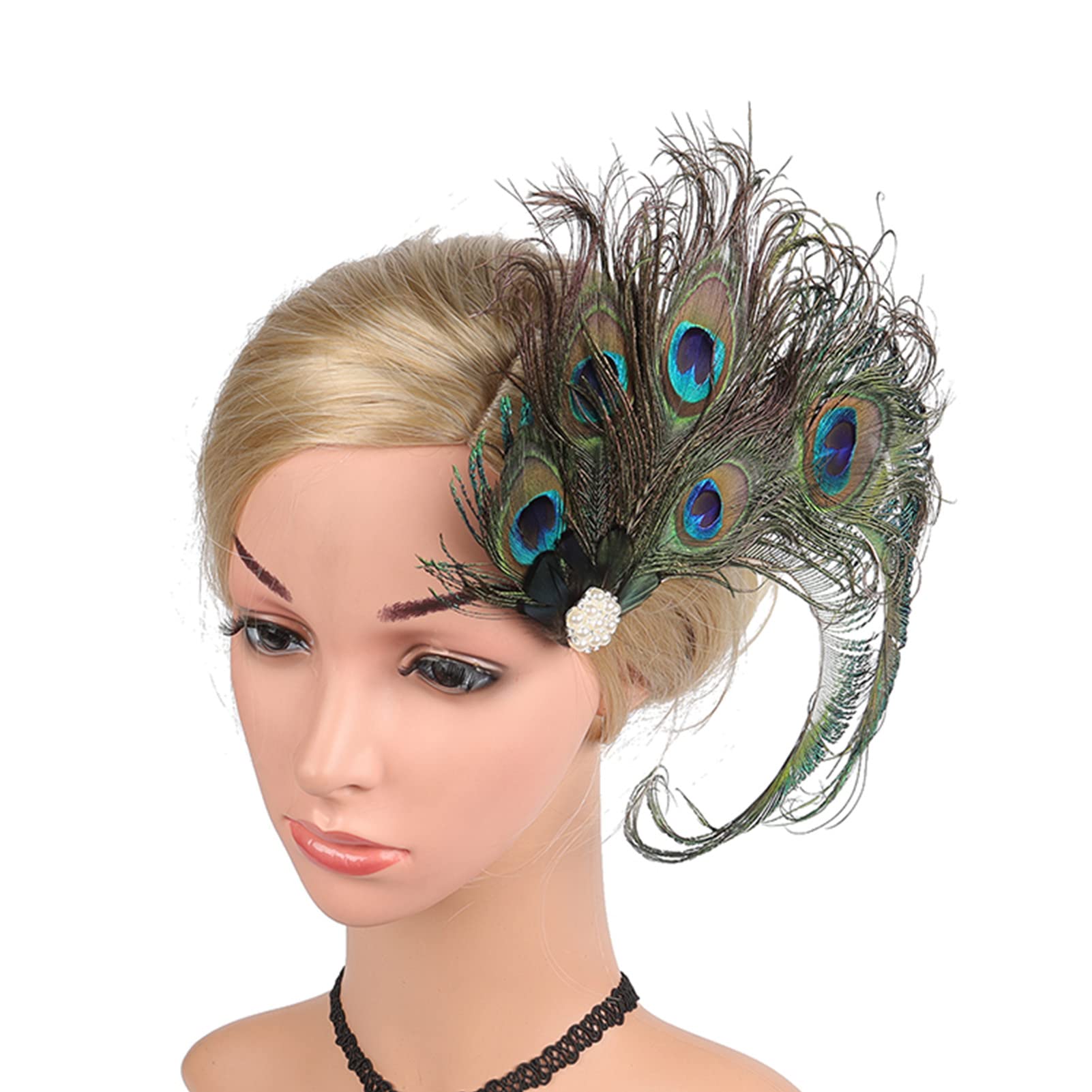 ACTLATI Elegant Peacock Feather Hair Clip Fascinator Hairpin Rhinestones Headband Cocktail Party Girls Women, Green, One Size