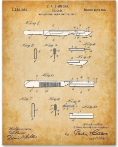 scalpel patent print - surgical knife poster, surgery room and office wall decor, gifts for surgeon doctors, medical student and paramedic gifts, 11x14 unframed art print poster