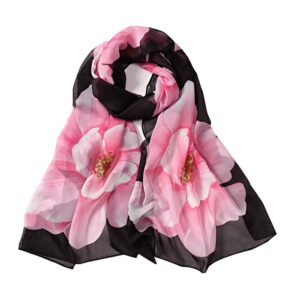 e-clover women soft floral print shawl chiffon sheer scarf mothers day gift (a-black&pink)