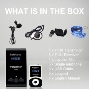 Retekess T130 Tour Guide System Rechargeable, Church Translation System, Translation Kit, Simple Basic, Clear Sound Quality, Translation Device for Church, Interpret (1 Transmitter 5 Receivers)