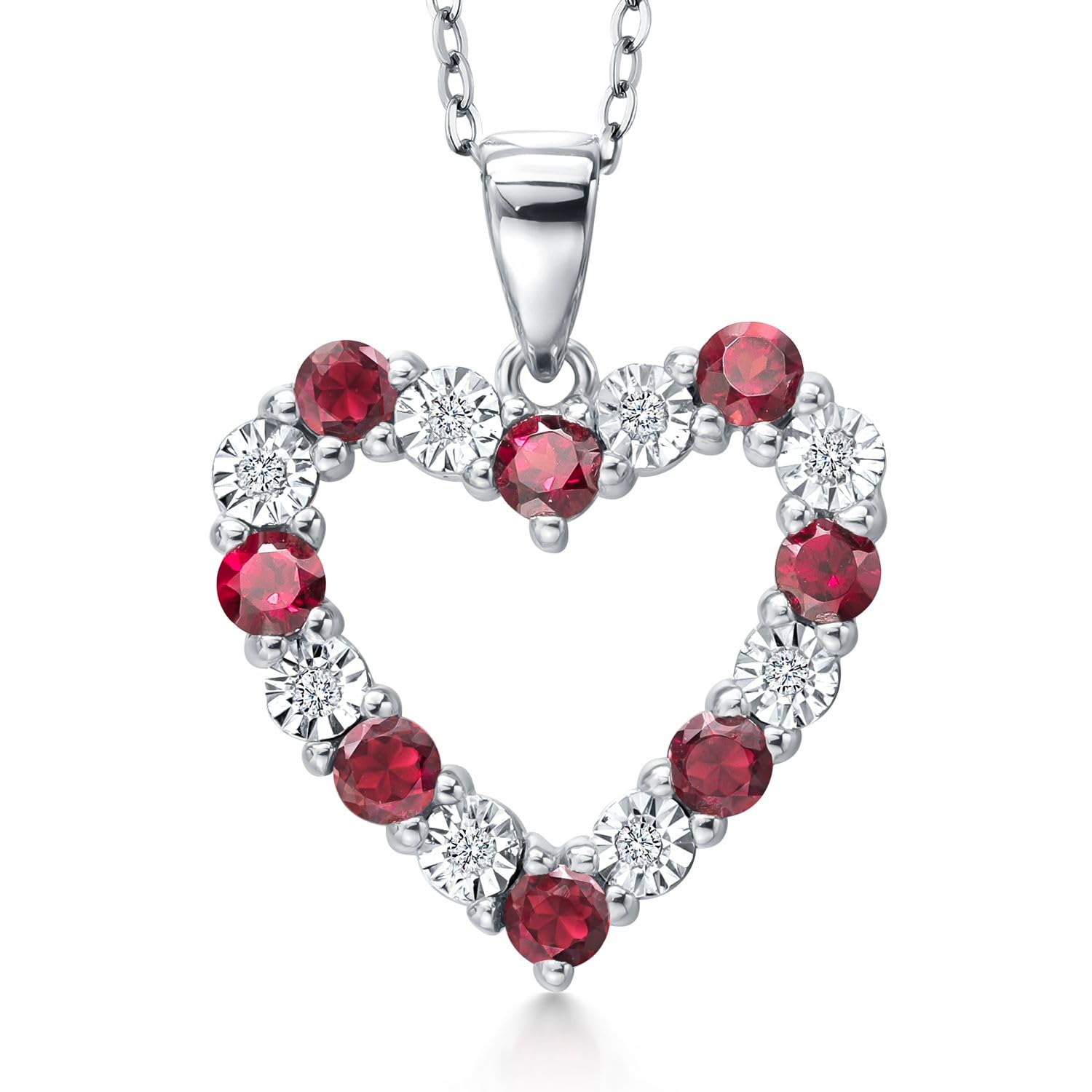 Gem Stone King 925 Sterling Silver Red Garnet and White Diamond Heart Shape Pendant Necklace For Women | 1.20 Cttw | Gemstone Birthstone | with 18 Inch Silver Chain