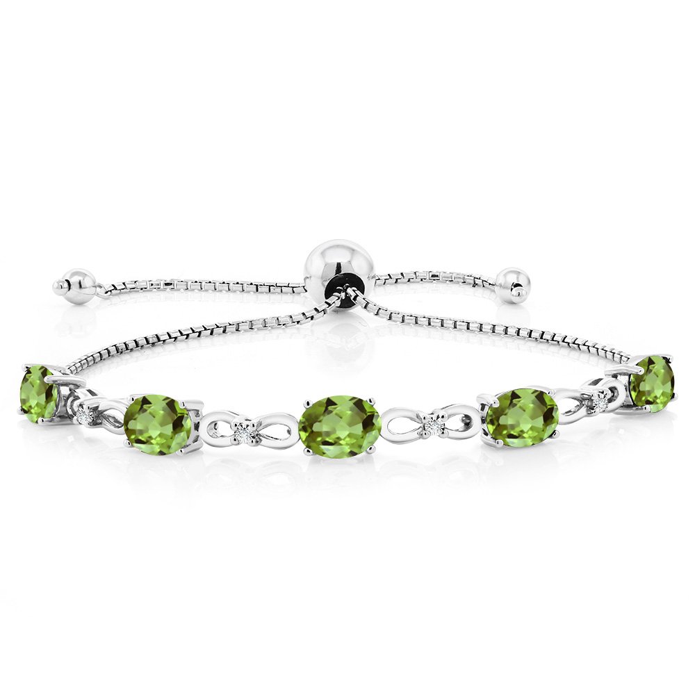 Gem Stone King 925 Sterling Silver Green Peridot and White Lab Grown Diamond Tennis Bracelet For Women (4.52 Cttw, Gemstone August Birthstone, Oval 7x5MM, Fully Adjustable Up to 9 Inch)