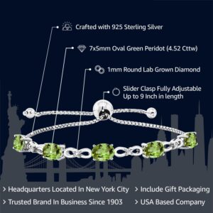 Gem Stone King 925 Sterling Silver Green Peridot and White Lab Grown Diamond Tennis Bracelet For Women (4.52 Cttw, Gemstone August Birthstone, Oval 7x5MM, Fully Adjustable Up to 9 Inch)