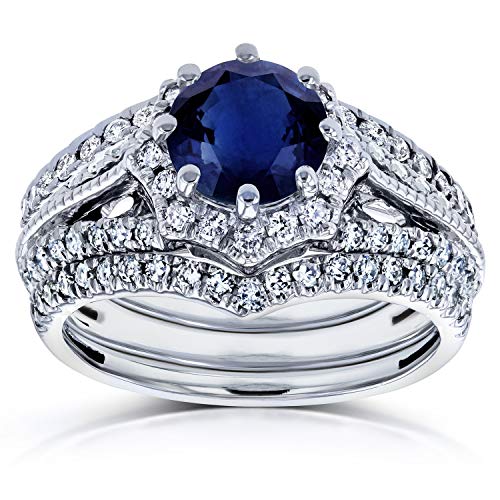 Kobelli Blue Sapphire and Diamond Star Halo Bridal Set 1 7/8 CTW 14k White Gold (3 Piece Set), Size 8.5, White Gold