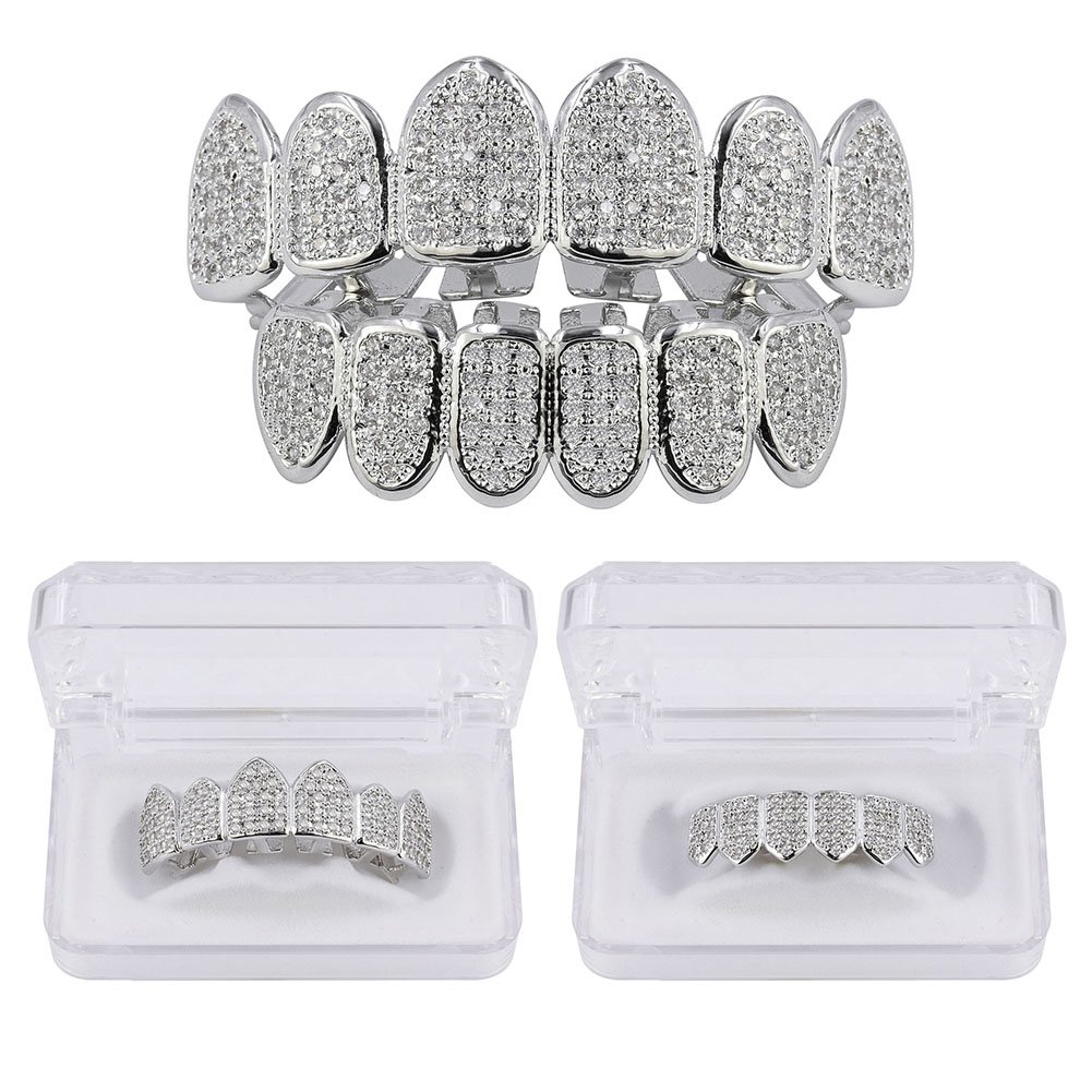 JINAO Fake Diamond Grill 18k Gold Plated All Face Iced Out Luxury Cubic Zirconia Silver Grillz for Your Teeth set with Extra Molding Bars Included Mouth Teeth Grills for Men Women (Silver set)