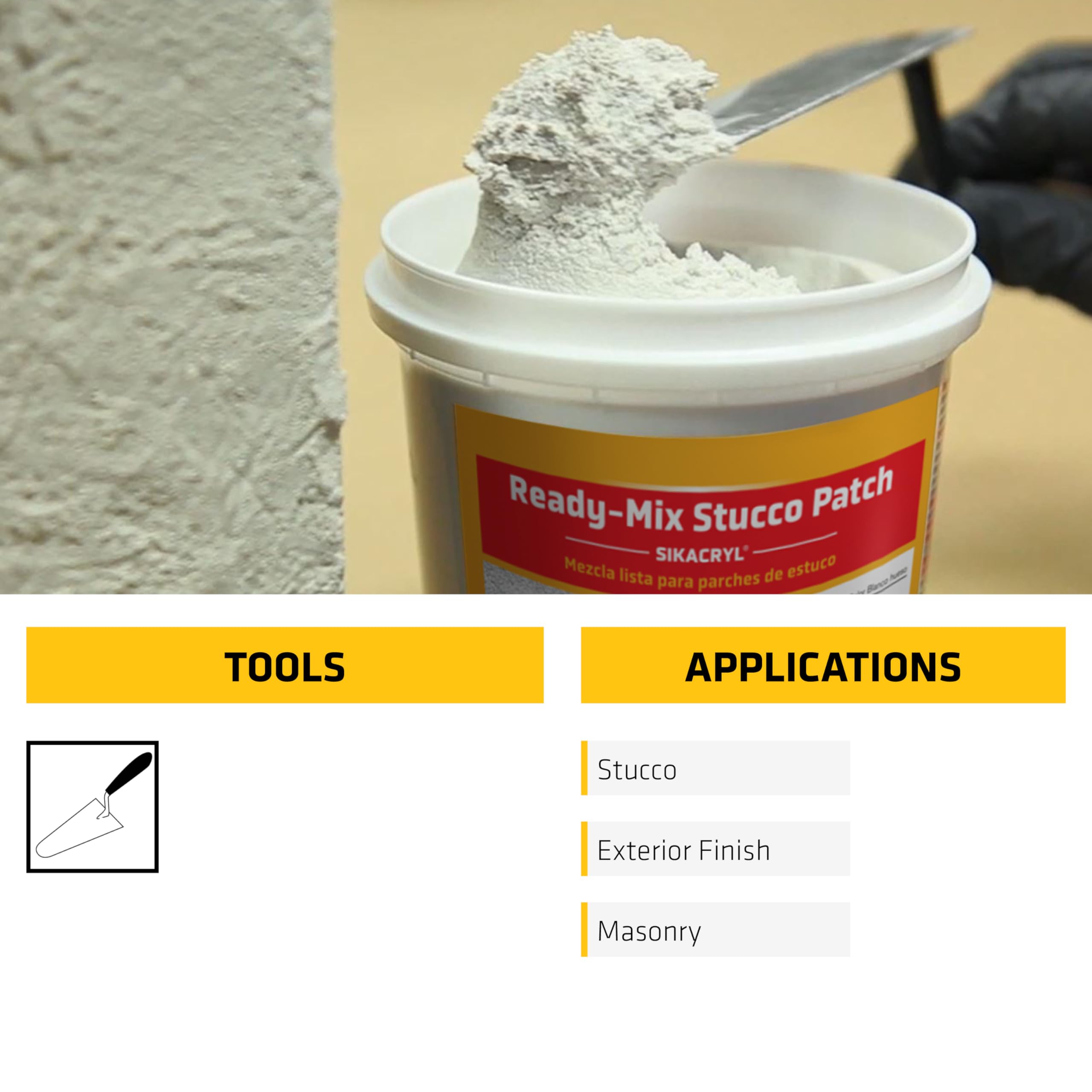 Sikacryl - Stucco Repair - Ready-Mix Stucco Patch, White - Repair spalls/Large Cracks in Stucco - Interior/Exterior - Acrylic-Based, Textured - 1 qt