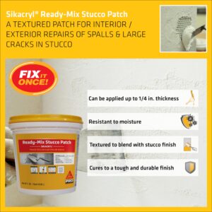 Sikacryl - Stucco Repair - Ready-Mix Stucco Patch, White - Repair spalls/Large Cracks in Stucco - Interior/Exterior - Acrylic-Based, Textured - 1 qt