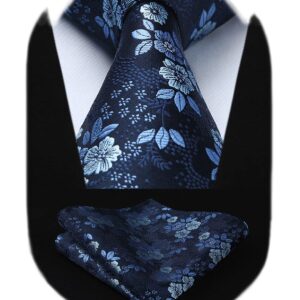 HISDERN Extra Long Floral Paislry Tie Handkerchief Men's Necktie & Pocket Square Set,Blue,2XL, 70 inches length