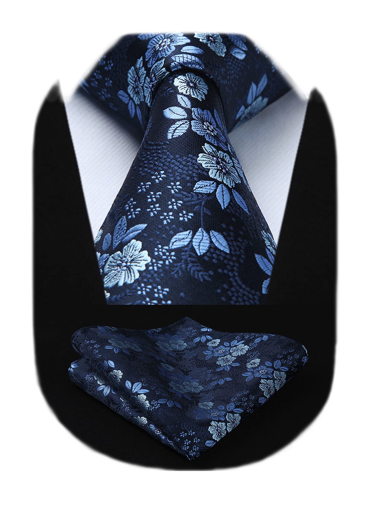 HISDERN Extra Long Floral Paislry Tie Handkerchief Men's Necktie & Pocket Square Set,Blue,2XL, 70 inches length