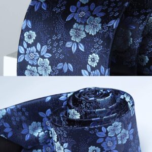 HISDERN Extra Long Floral Paislry Tie Handkerchief Men's Necktie & Pocket Square Set,Blue,2XL, 70 inches length