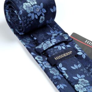 HISDERN Extra Long Floral Paislry Tie Handkerchief Men's Necktie & Pocket Square Set,Blue,2XL, 70 inches length