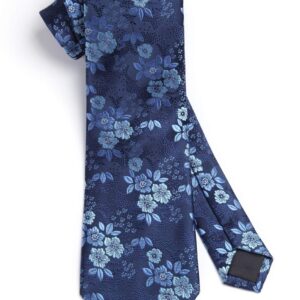 HISDERN Extra Long Floral Paislry Tie Handkerchief Men's Necktie & Pocket Square Set,Blue,2XL, 70 inches length