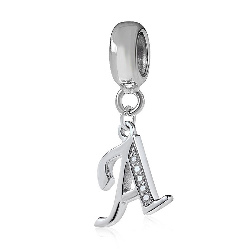 Sambaah Alphabet Charm Letter Beads Solid 925 Sterling Silver with Cubic Stones, Complete A~Z Gift Options fit Pandora European Bracelets(A)