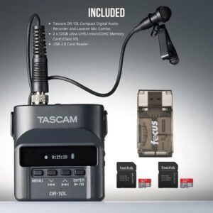 Tascam DR-10L Digital Audio Recorder and Lavalier Mic Bundled with Two 32GB SD Cards and USB 2.0 Card Reader