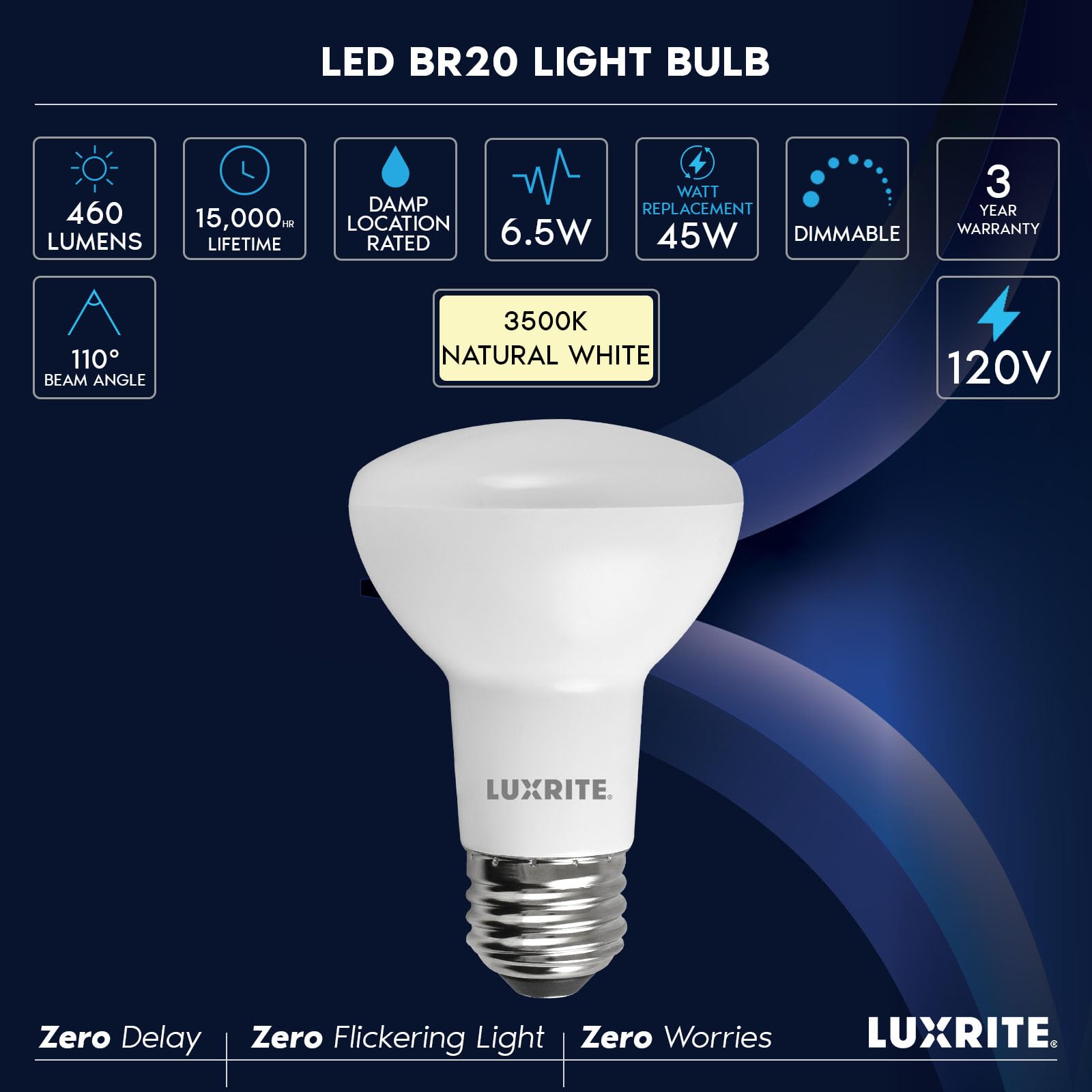 LUXRITE BR20 LED Bulb, 45W Equivalent, 3500K Natural White, Dimmable, 460 Lumens, R20 LED Flood Light Bulb 6.5W, Energy Star, Damp Rated, E26 Base, Perfect for Recessed and Track Lighting (4 Pack)